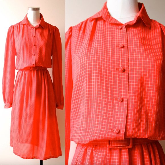 Dresses | 198s Vintage Red Grid Checkered Print Long Sleeve Button Down ...